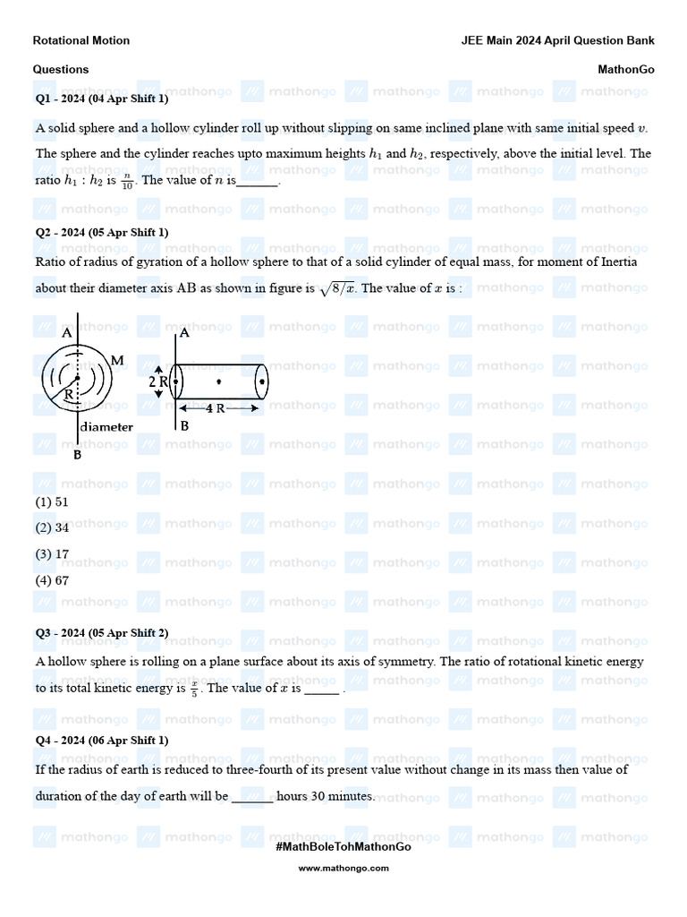 Rotational Motion - JEE Main 2024 April Question Bank - MathonGo | PDF ...