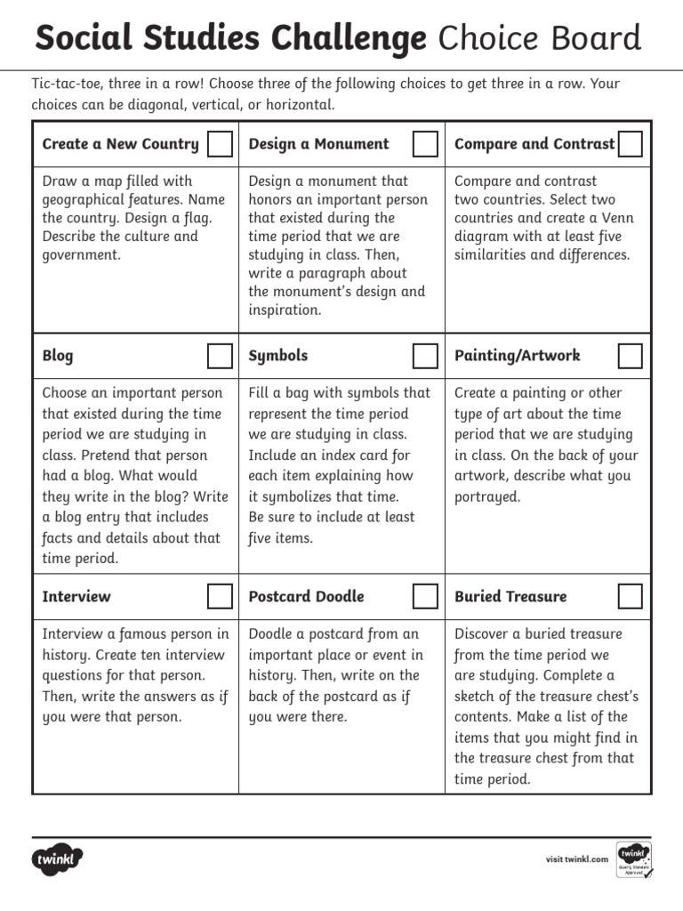 BW Social Studies Challenge Choice Boardsjus | PDF