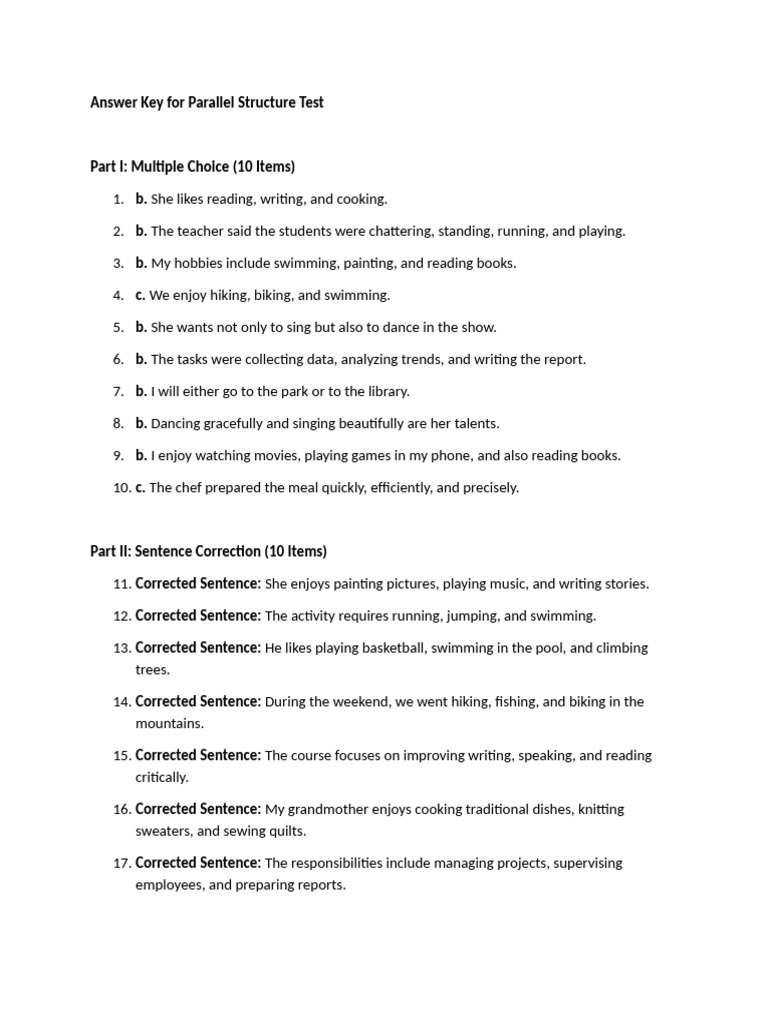Answer Key For Parallel Structure Test | PDF