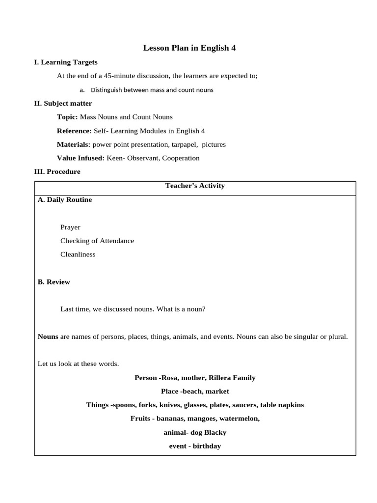 Mass and Count Nouns Lesson Plan | PDF | Cuisine | Cooking