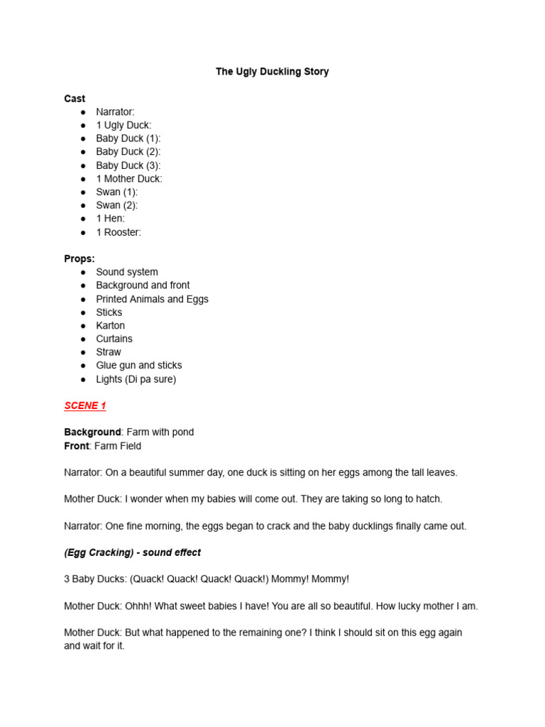 The Ugly Duckling Play Script | PDF | Duck