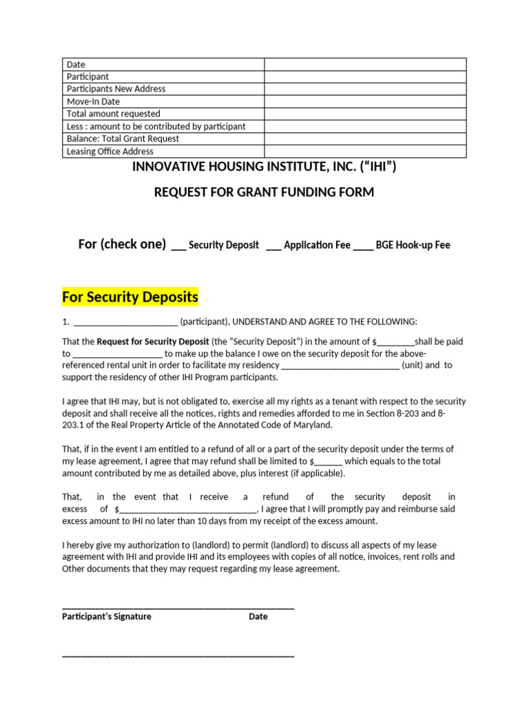 Security Deposit Application BGE Hook Up Approval Grant Form | PDF ...