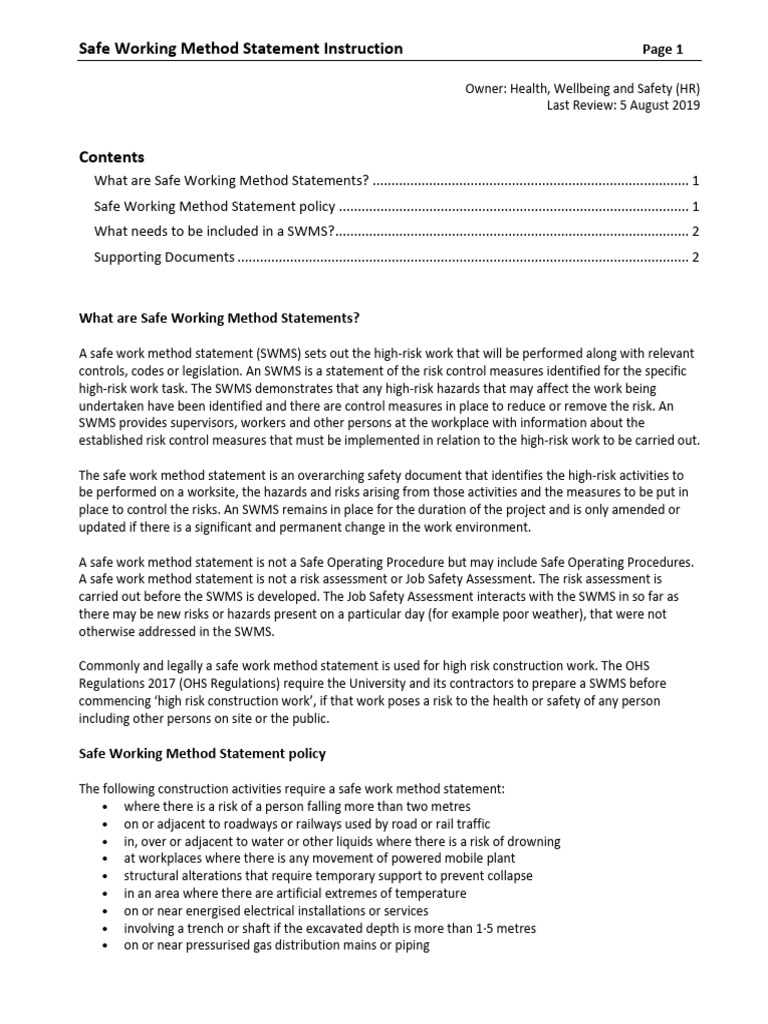 Safe Work Method Statement Procedure | PDF | Risk Assessment ...
