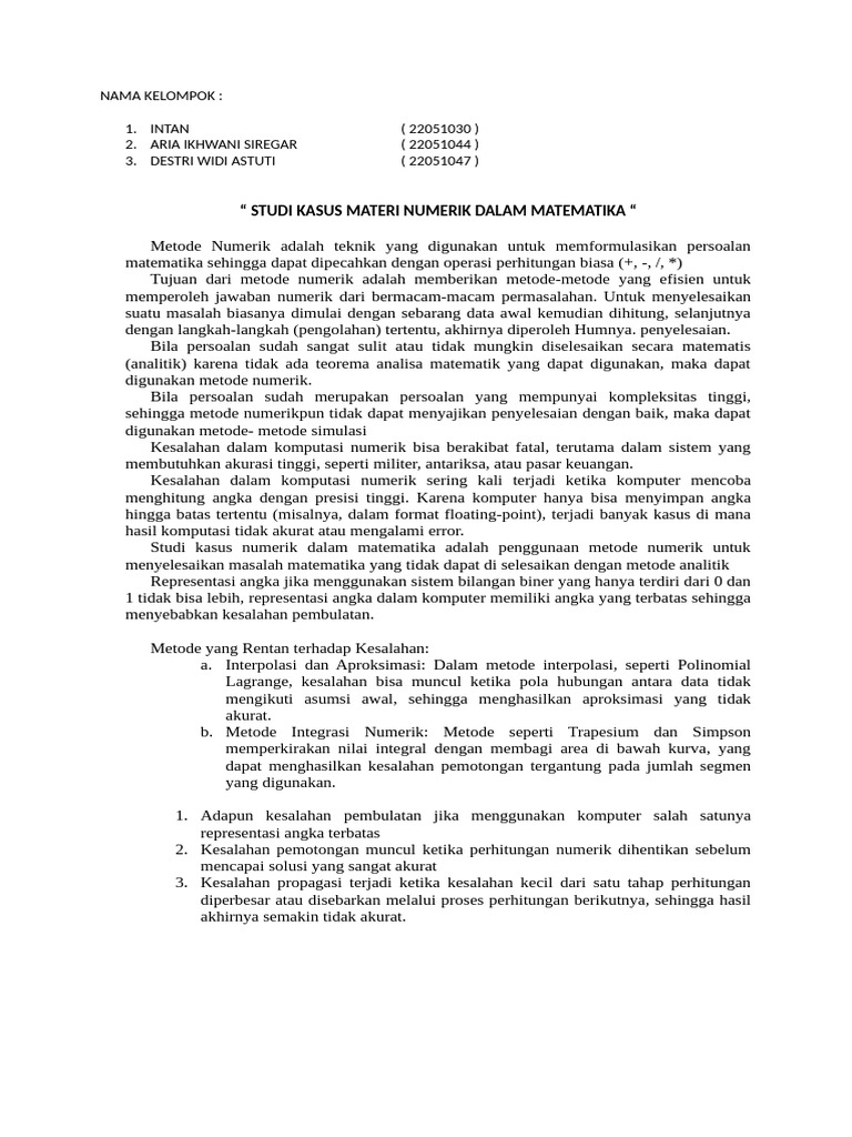 Studi Kasus Metode Numerik Matematika | PDF