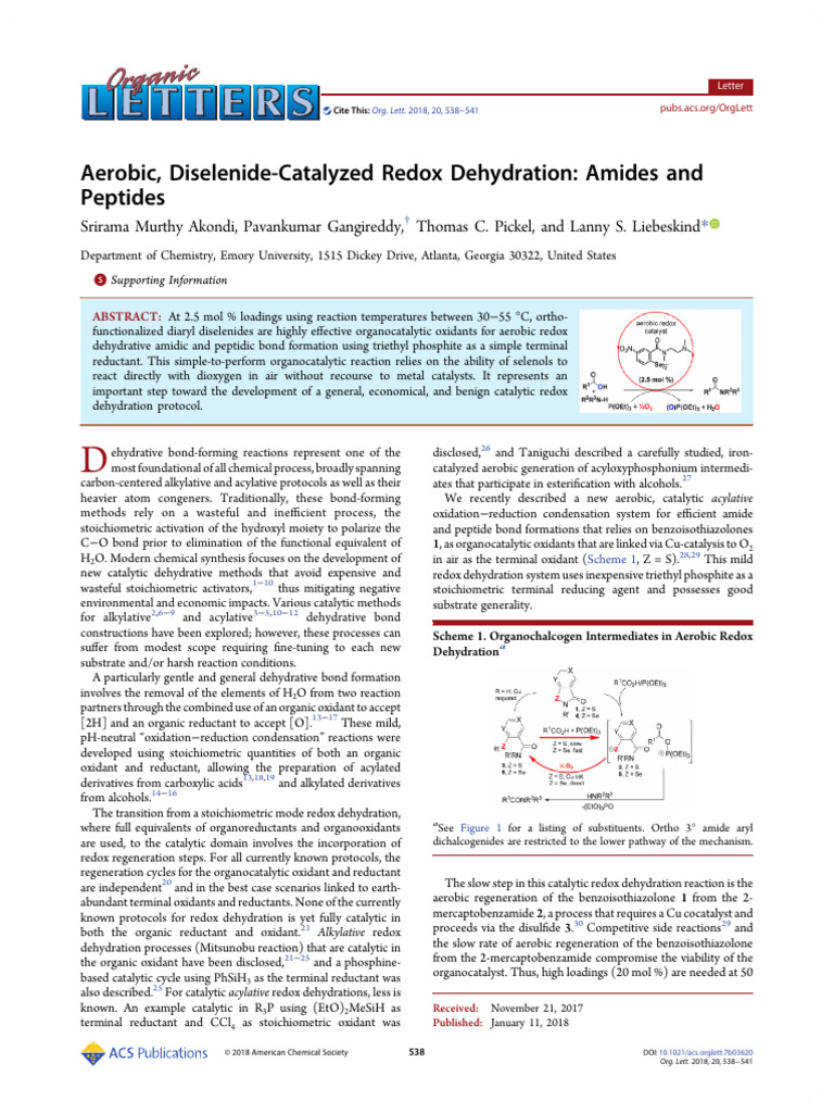 Aerobic, Diselenide-Catalyzed Redox Dehydration akondi2018 | PDF ...