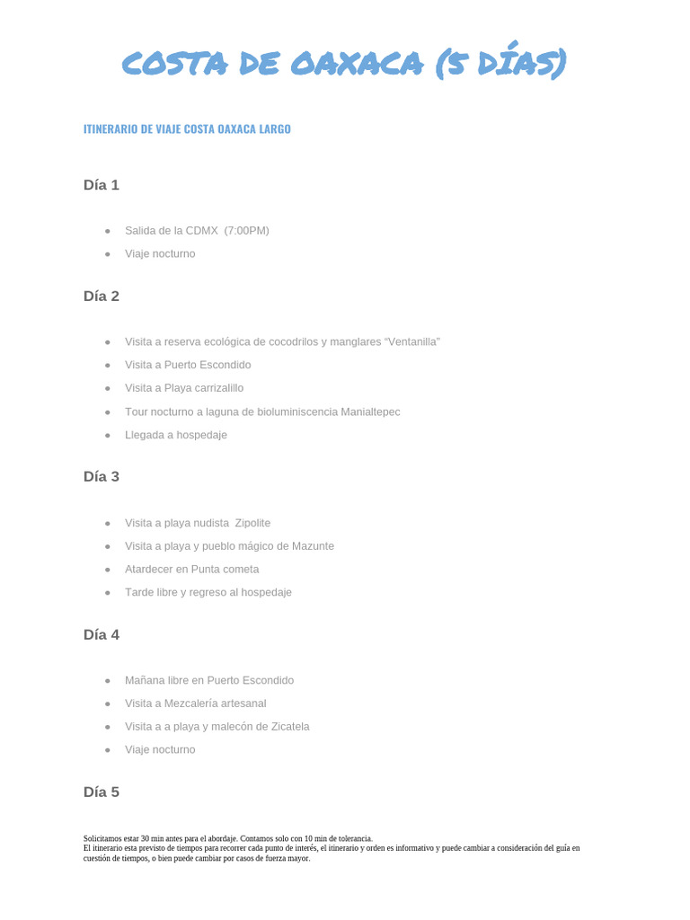 Itinerario de 5 Días en Costa Oaxaca | PDF