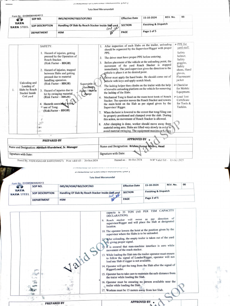SOP IMS-63 Handling of Slab by Reach Stacker Inside Coil Yard | PDF