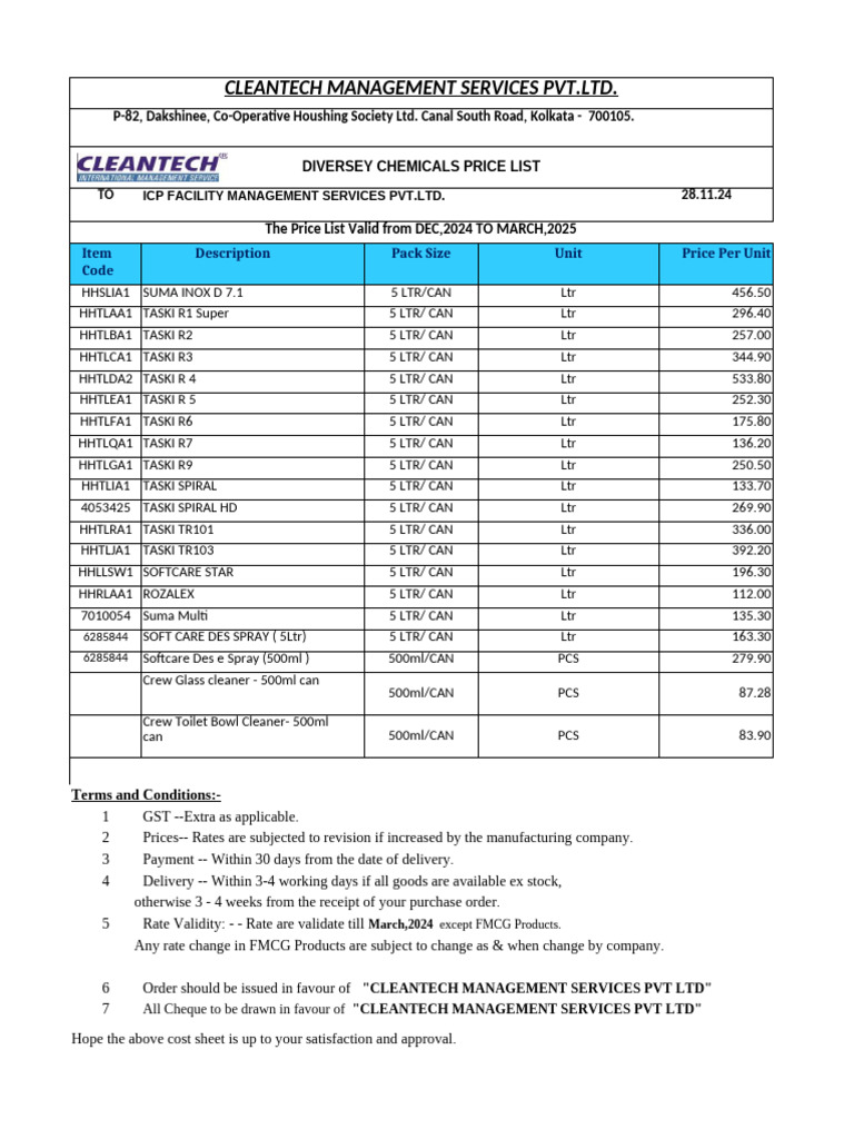 Diversey Chemicals Price List 2024-2025 | PDF