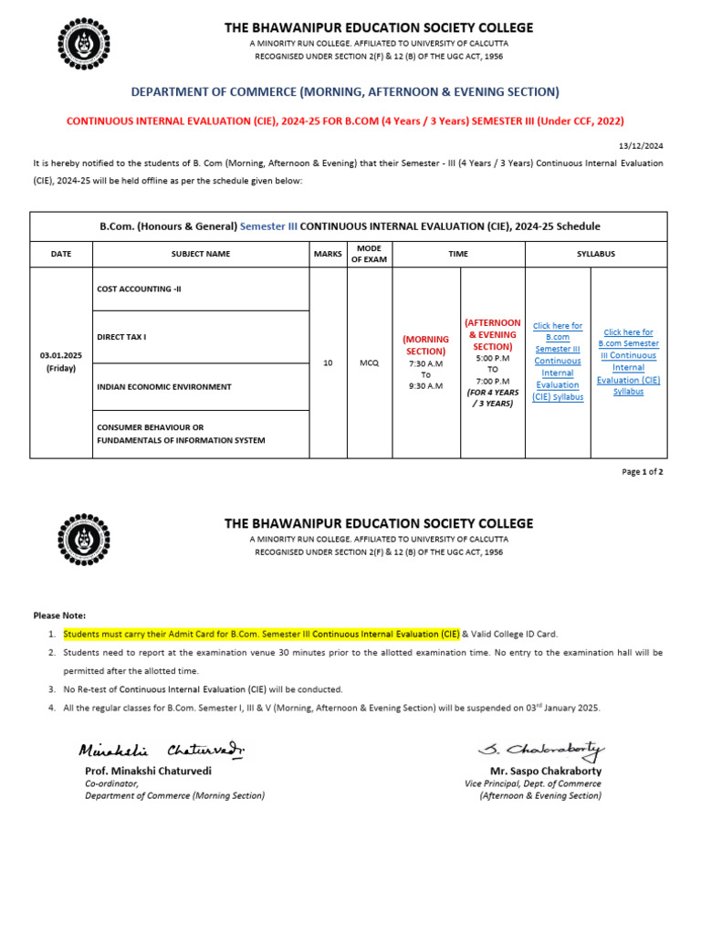 CIE Examination Notice Morning Afternoon Evening SEM III 2024 25 | PDF ...