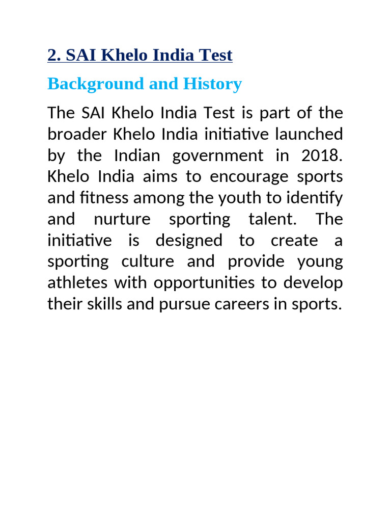 Background and History: 2. SAI Khelo India Test | PDF