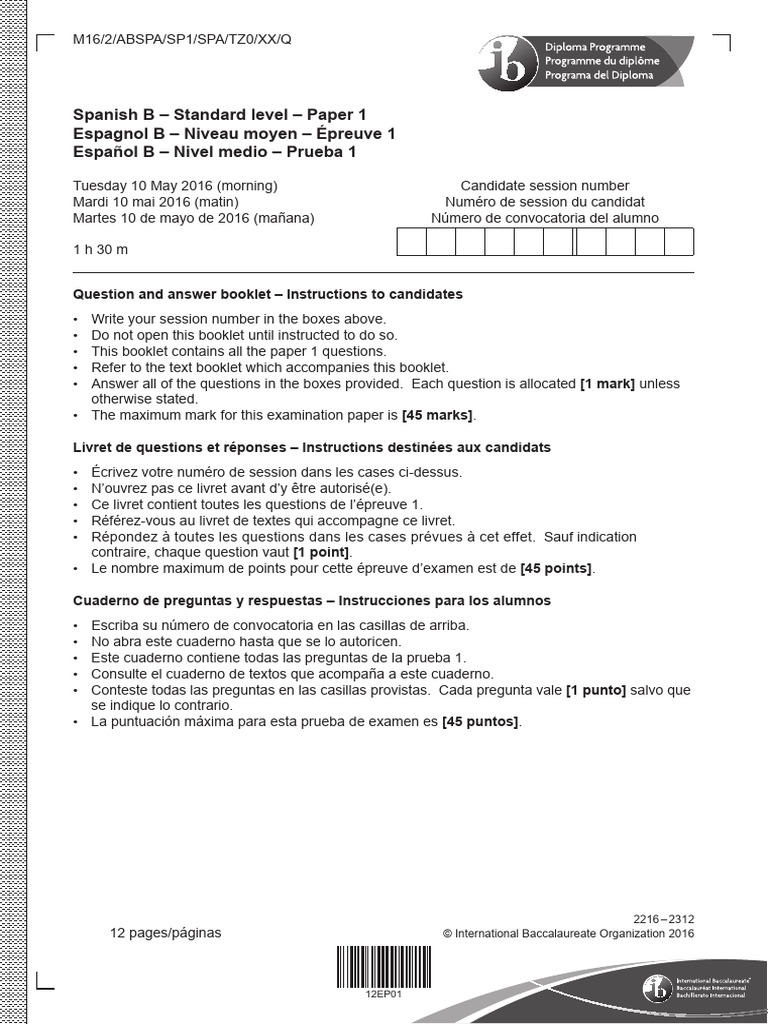Spanish B Paper 1 Question Booklet SL Spanish | PDF | Comunicación humana