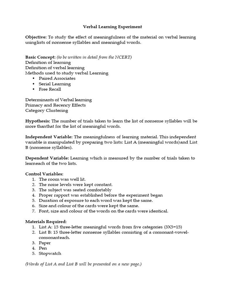 Verbal Learning Experiment | PDF | Neuroscience | Mental Processes