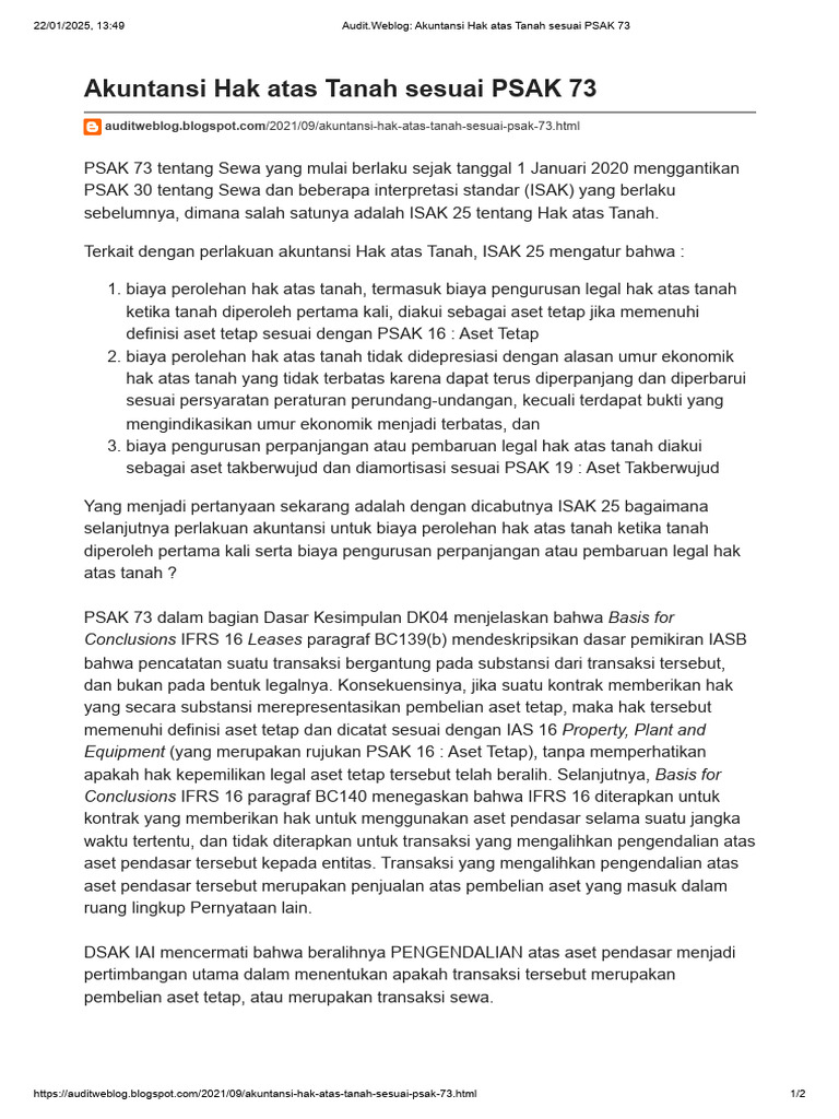 Audit - Weblog - Akuntansi Hak Atas Tanah Sesuai PSAK 73 | PDF
