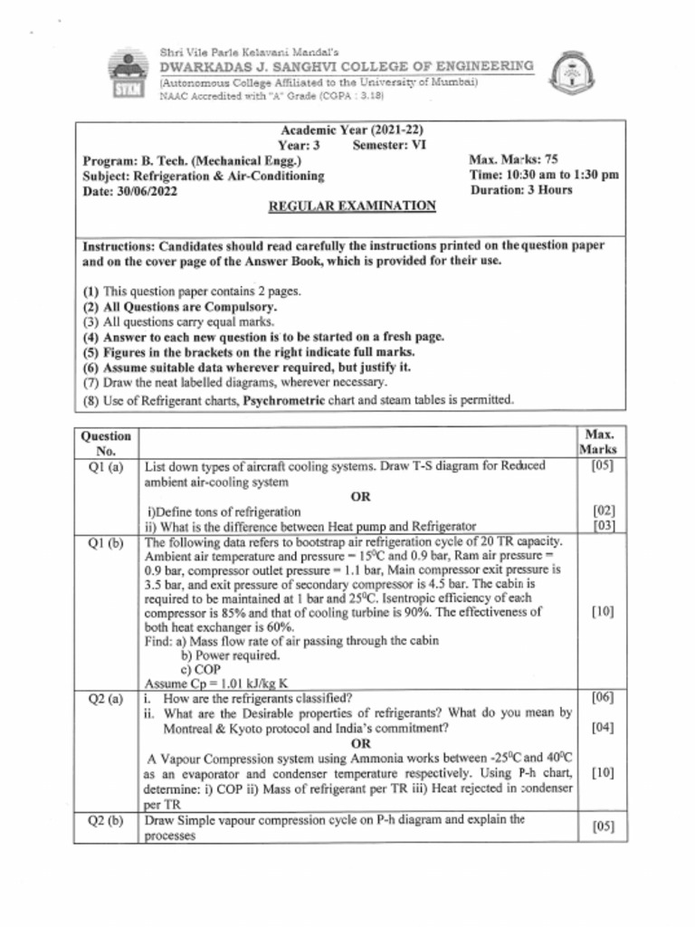 Mech-Sem VI-Refrigeration and Air Conditioning | PDF