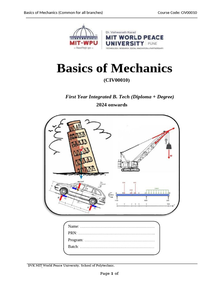 Basics of Mechanics Lab Manual CIV00010 | PDF | Gear | Axle