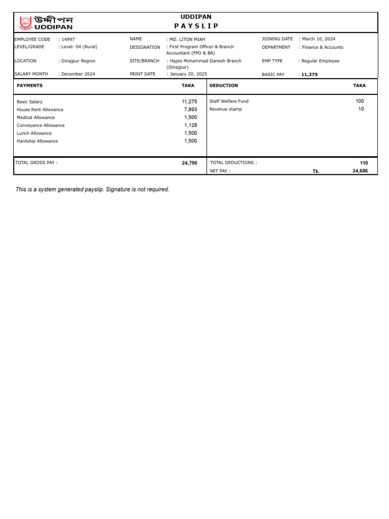 PaySlip - 20 Jan 2025 | PDF