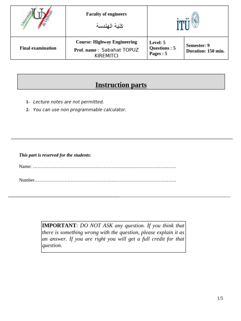 Final Exam Highway Engineering | PDF | Intersection (Road) | Transport