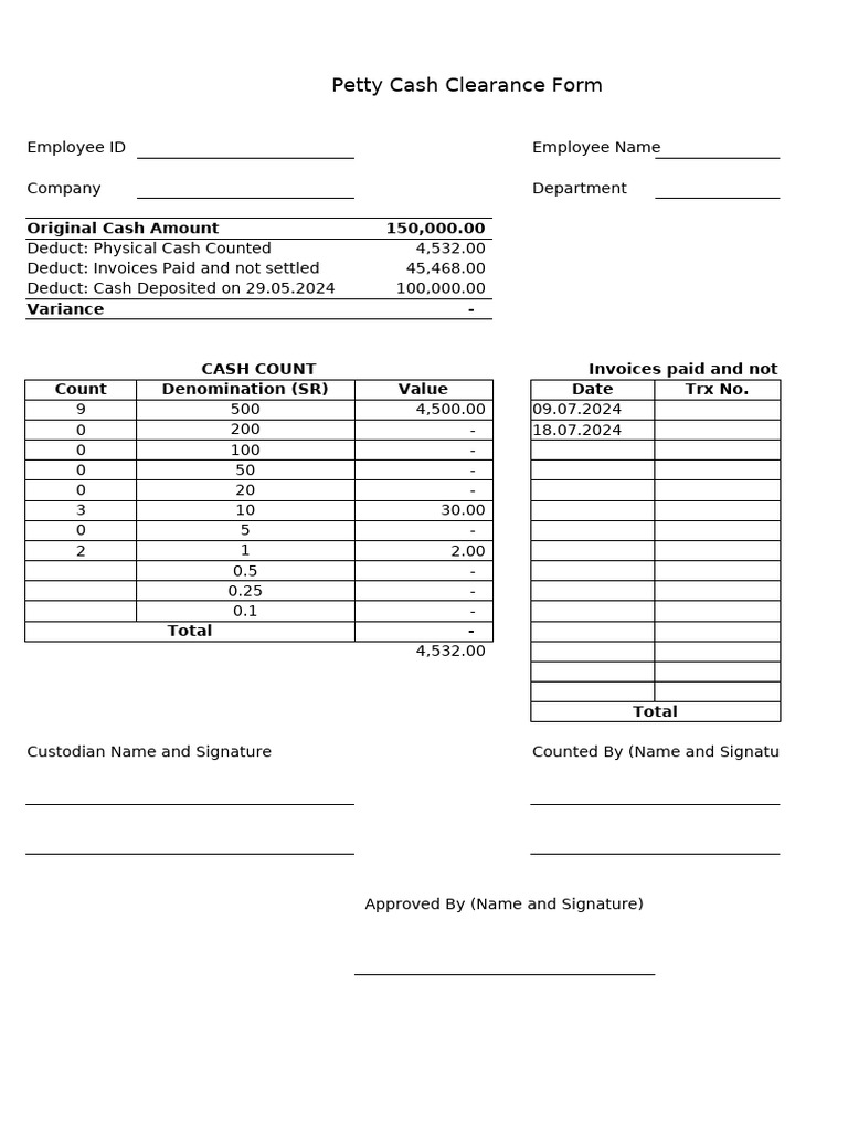 Petty Cash Clearance Form Template | PDF