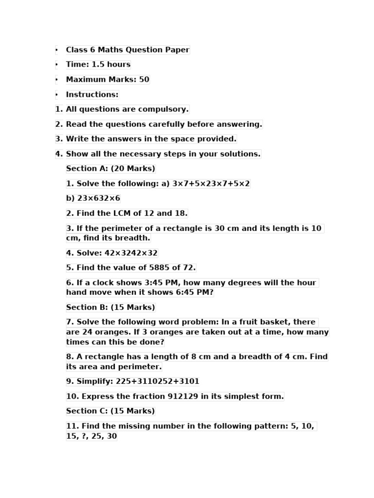 Class 6 Maths Question Paper | PDF