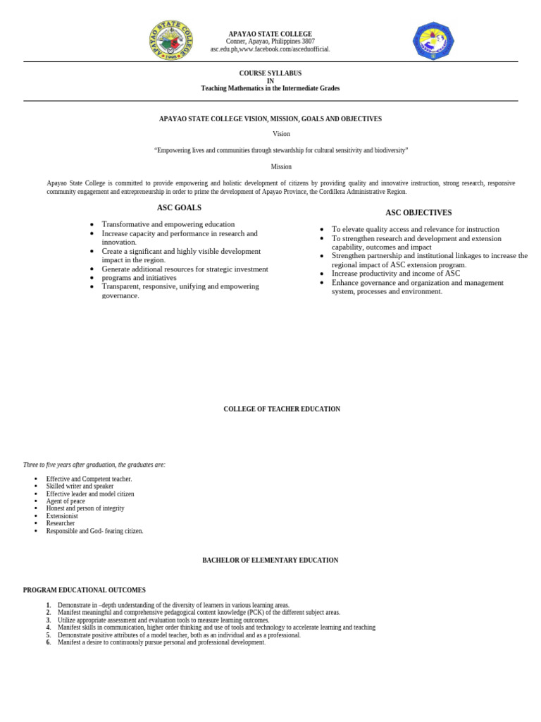 2022obe Syllabus in Teaching Mathematics in The Intermediate Grades ...