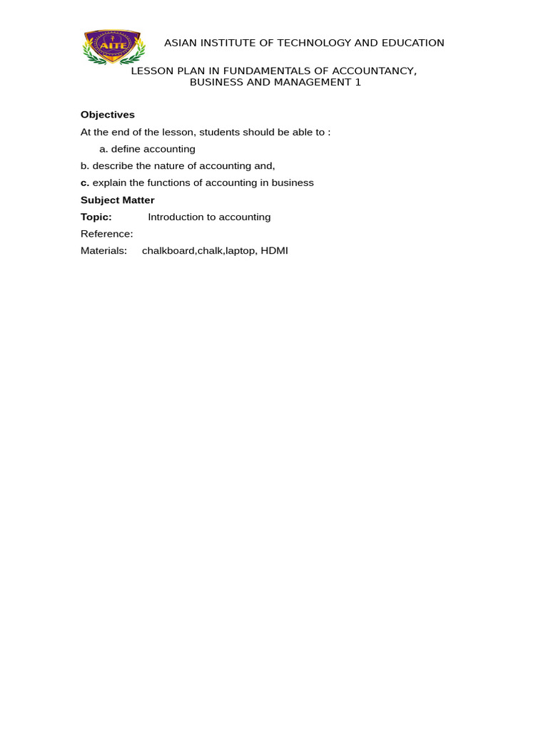 Introduction to Accounting Lesson Plan | PDF