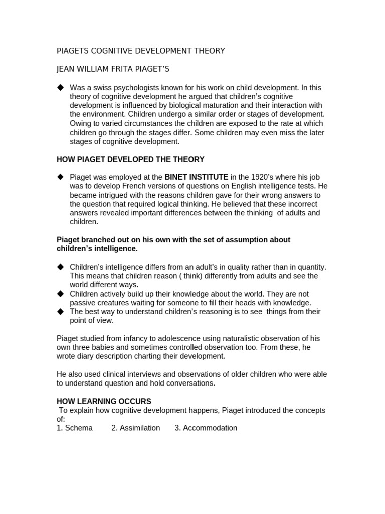 Piagets Cognitive Development Theory | PDF | Schema (Psychology ...