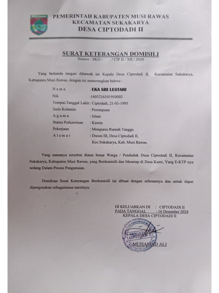 Surat Keterangan Domisili Eka Sri Lestari | PDF