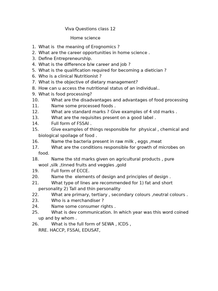 Class 12 Home Science Viva Questions | PDF