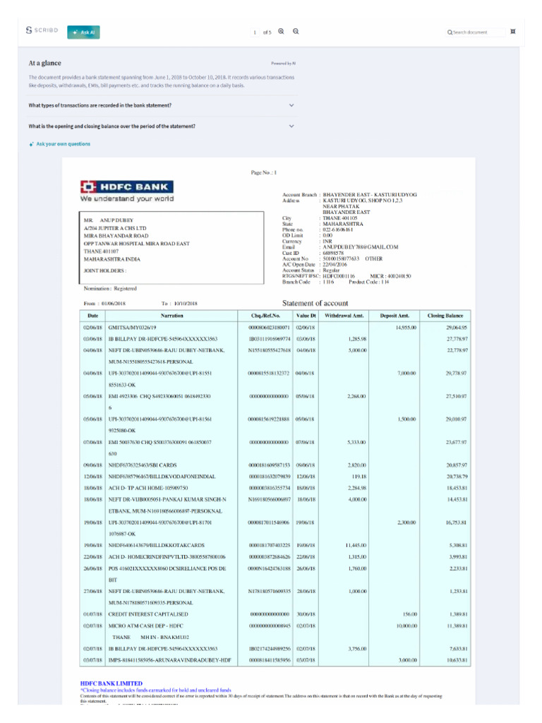 Screencapture Scribd Document 451843314 HDFC BANK STATEMENT PDF 2025 01-22-11!40!02 | PDF