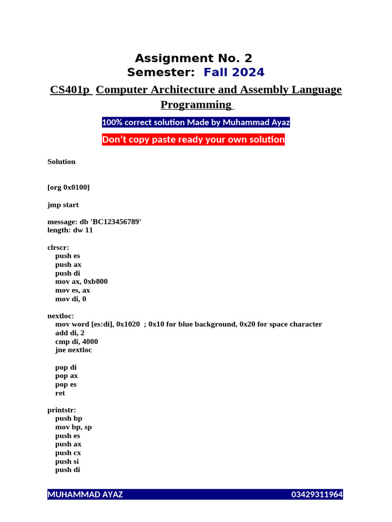 Assembly Language Solution CS401p | PDF