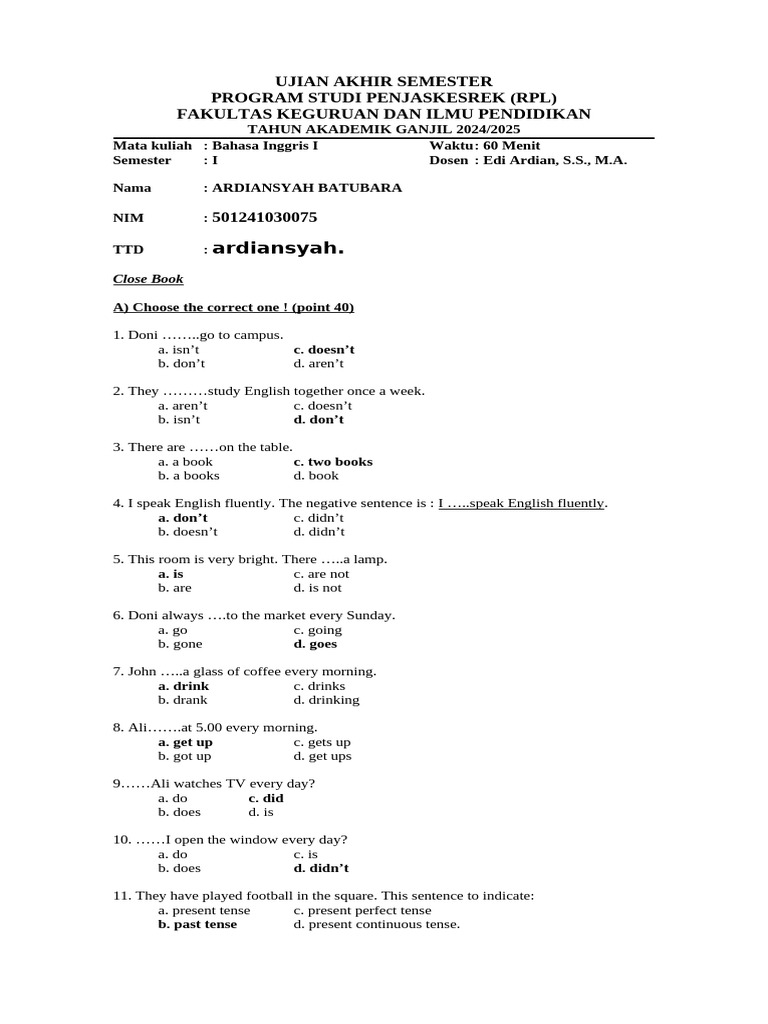 Soal UAS Bhs. Inggris ARDIANSYAH BATUBARA | PDF | Grammar | Language Mechanics