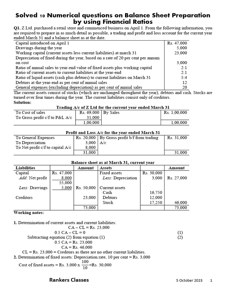 172 Solutions To 10 Ratio Based Balance Sheet Qns PDF ...