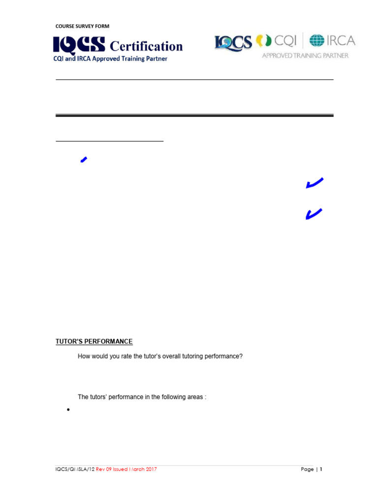 IQCS-QMSLA-12 Course-Survey-Form Mar2017 R09 | PDF