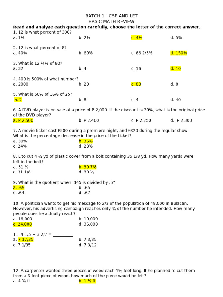 Basic Math Review Answer Key | PDF | Percentage