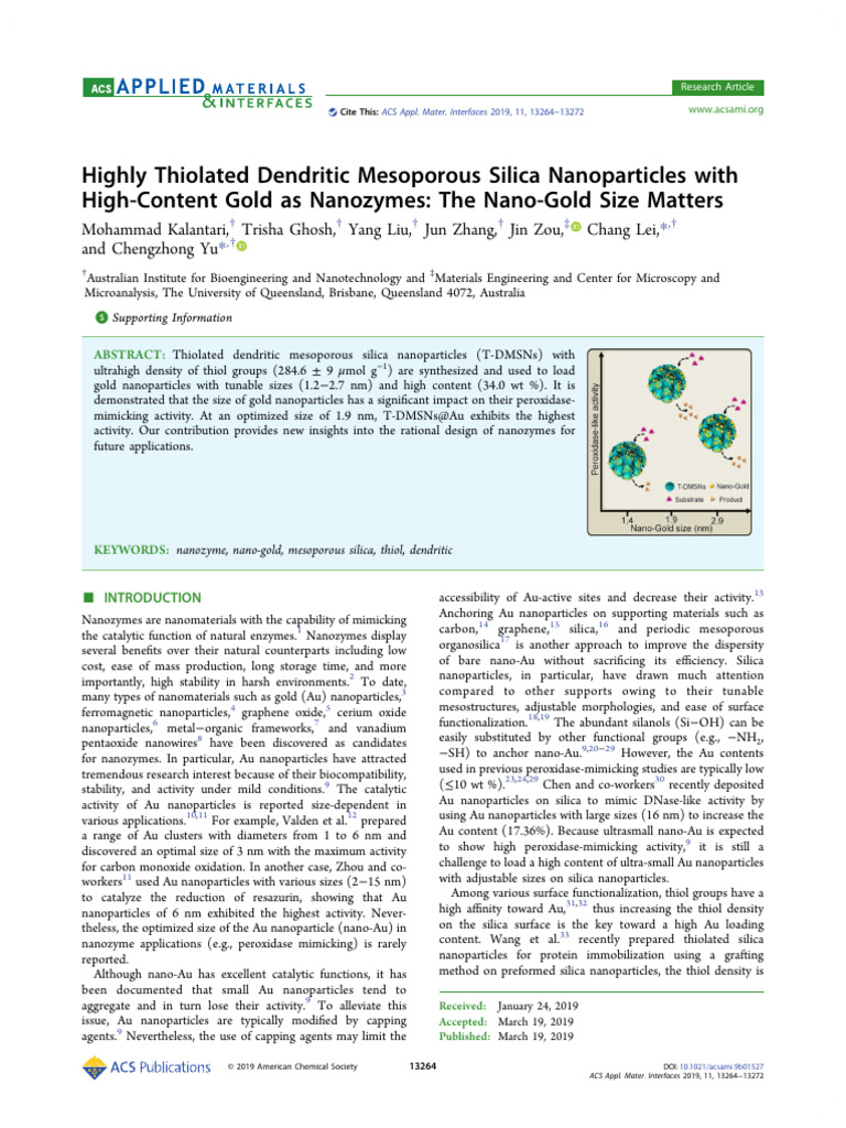 Highly Thiolated Dendritic Mesoporous Silica Nanoparticles with High-Content Gold as Nanozymes ...