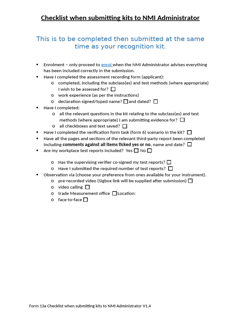 Form 13a Checklist When Submitting Kits To NMI Administrator V1.4 | PDF