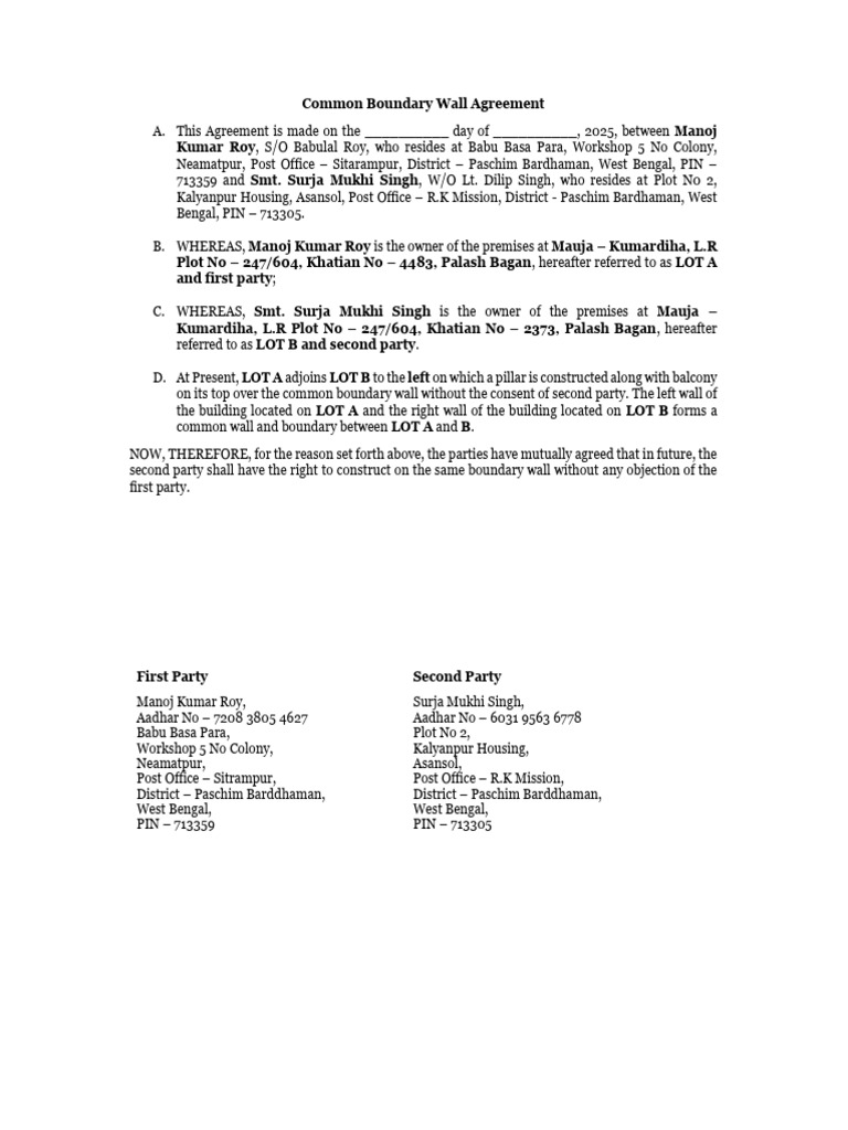 Common Boundary Wall Agreement India | PDF