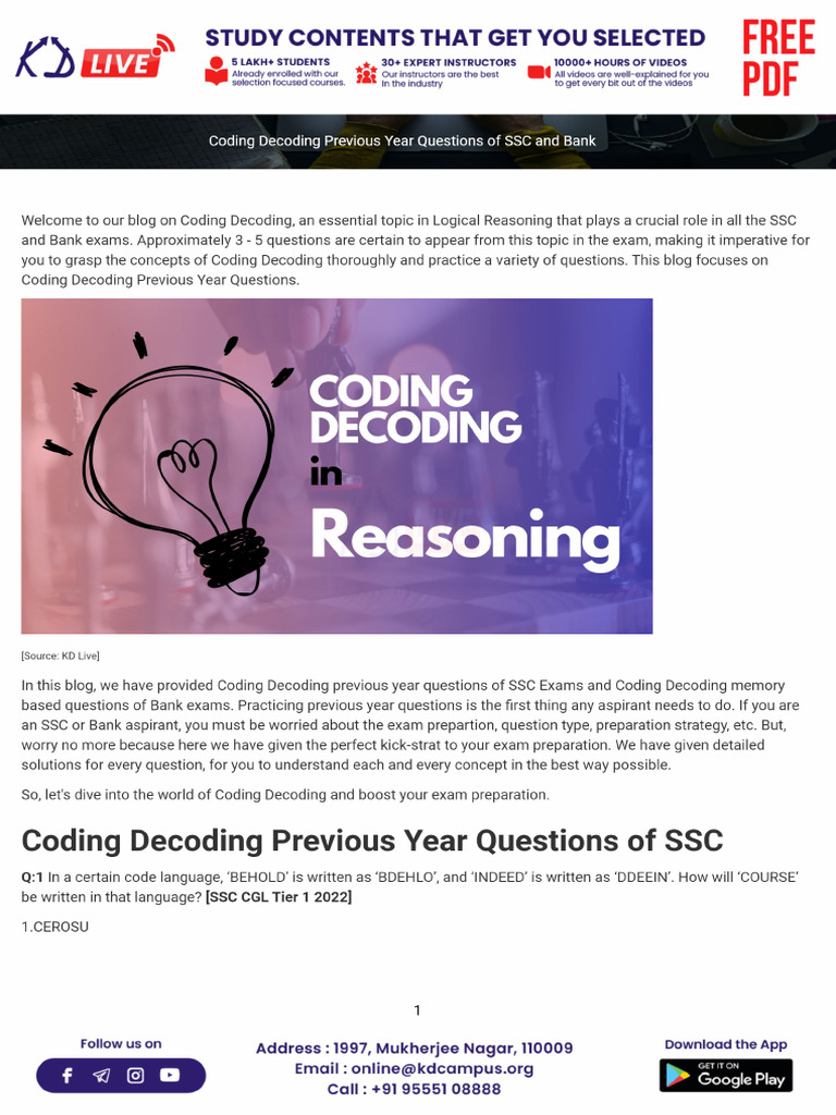 Coding Decoding Previous Year Questions of SSC and Bank | PDF