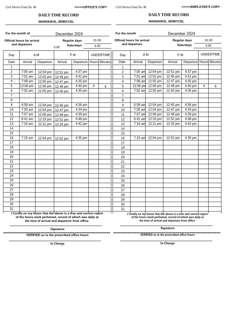 December 2024 Daily Time Record | PDF