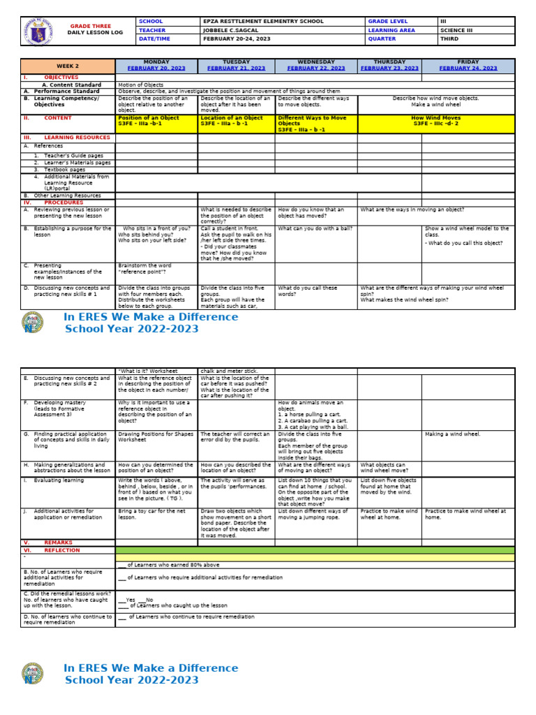 Science Q3 W2 DLL Feb 20 242023 | PDF | Learning | Teachers