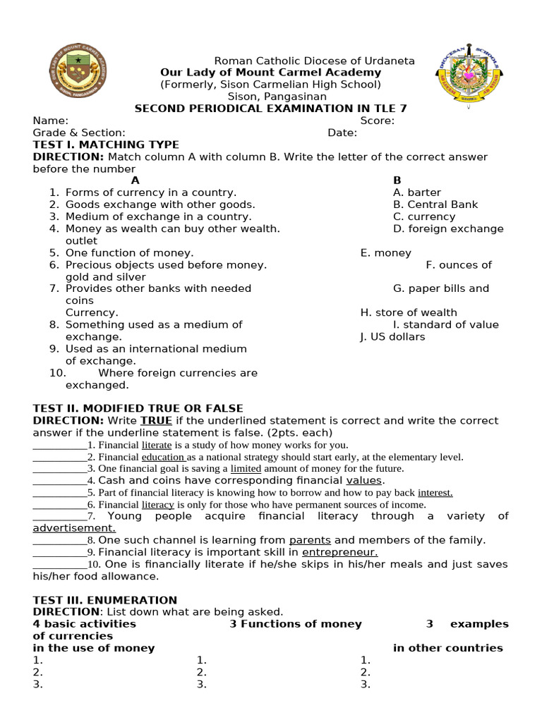 2ND Periodical Exam in Tle 7 | PDF | Money | Currency