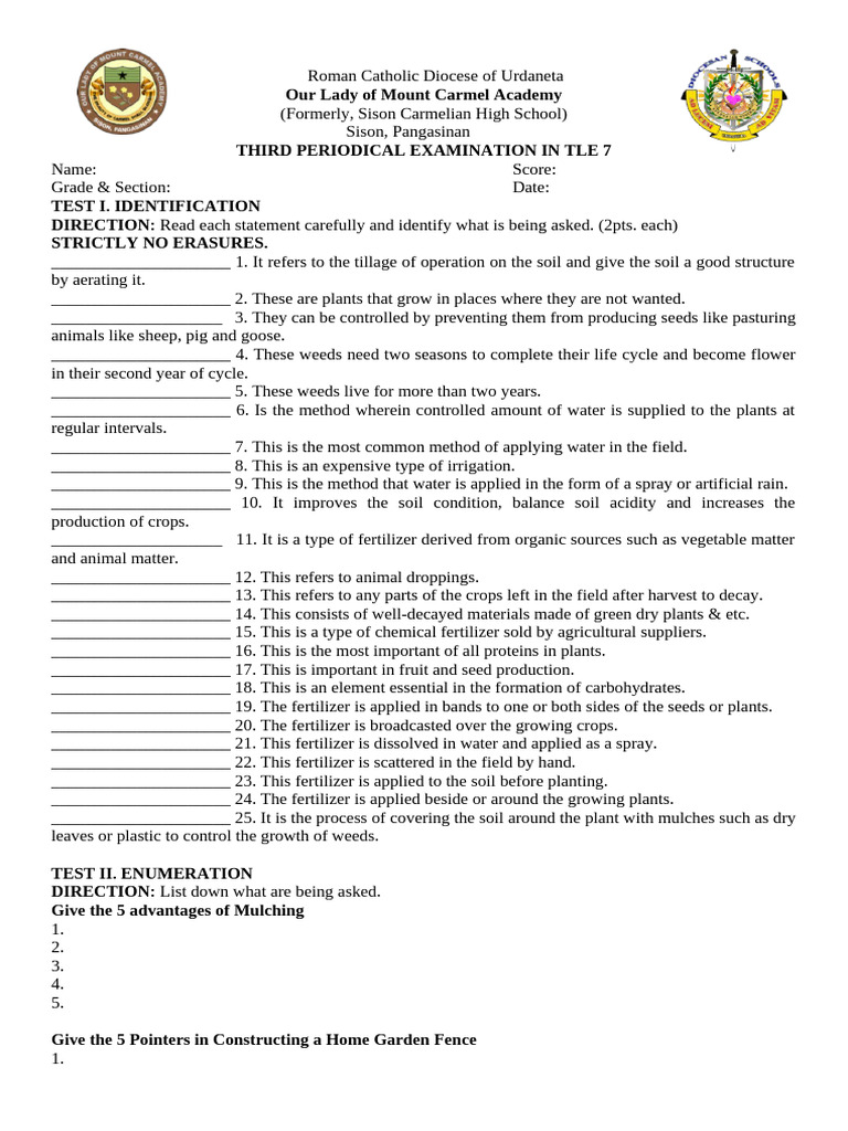 3RD PERIODICAL EXAM TLE 7 | PDF | Soil | Fertilizer