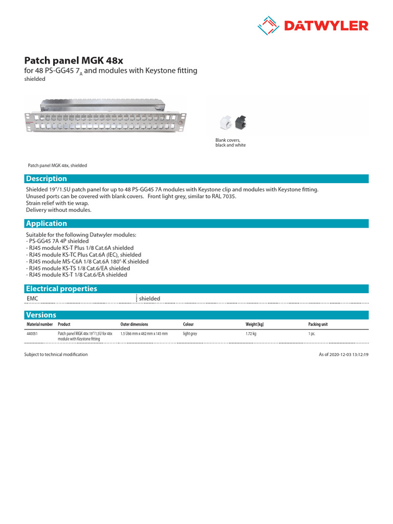 Patch Panel MGK 48x: For 48 PS-GG45 7 and Modules With Keystone Fitting ...
