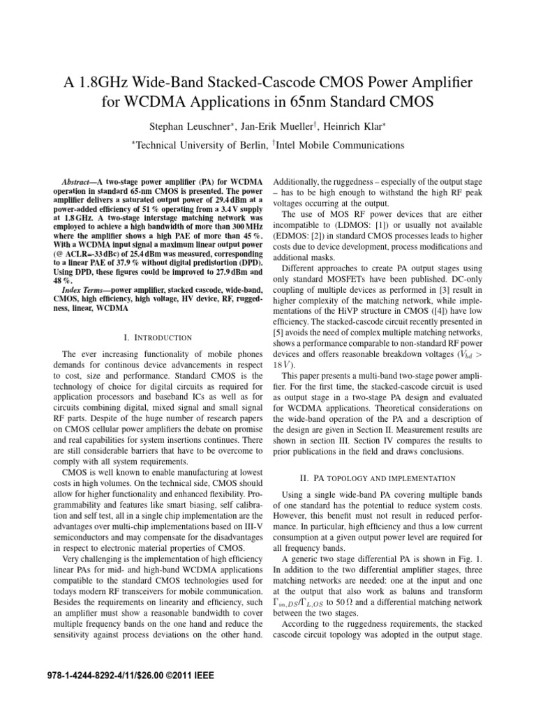 A 1.8GHz Wide-Band Stacked-Cascode CMOS Power Amplifier For WCDMA Applications in 65nm Standard ...