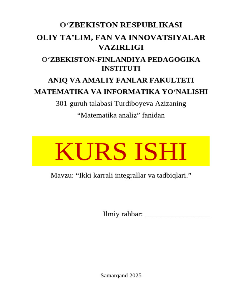 Kurs Ishi: Zbekiston Respublikasi Oliy Ta'Lim, Fan Va Innovatsiyalar Vazirligi | PDF
