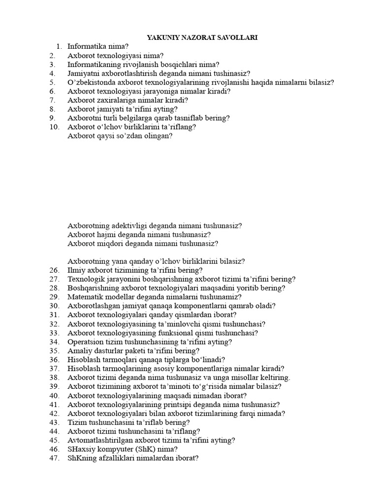 Yakuniy Nazorat Savollari | PDF