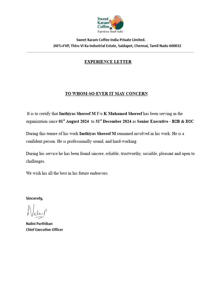 Imthiyas - Experience Letter | PDF