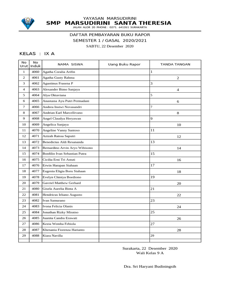 DAFTAR PEMBAYARAN BUKU RAPOR | PDF