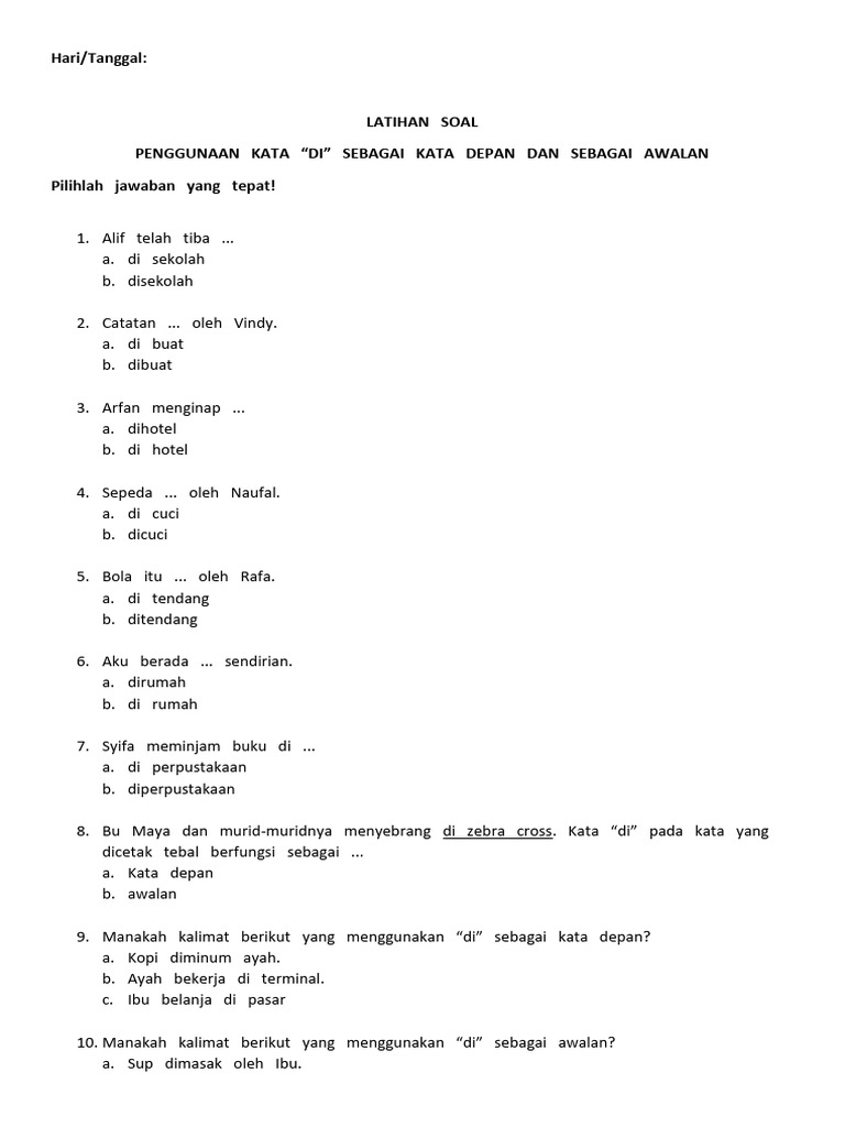 Latihan Kata Depan Dan Awalan Di | PDF