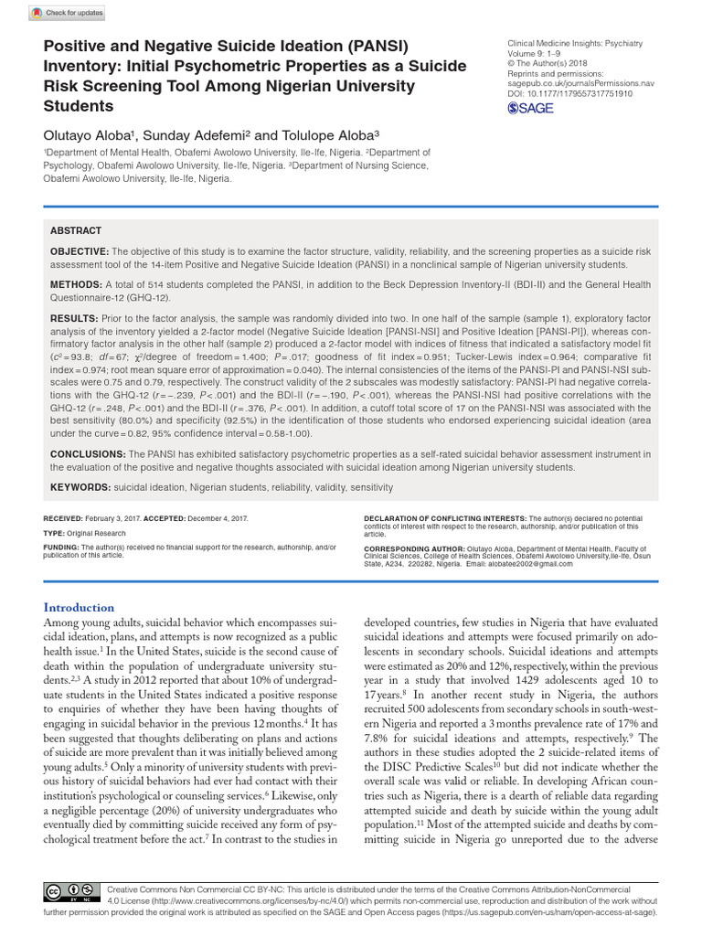 Aloba Et Al 2018 Positive and Negative Suicide Ideation (Pansi ...